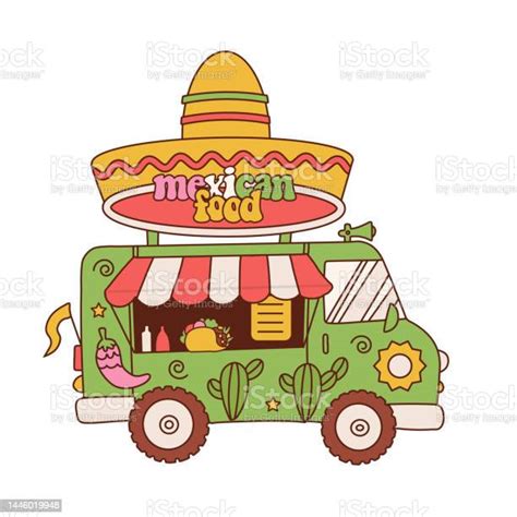 복고풍 만화 멕시코 음식과 상업용 푸드 트럭 차량 측면보기 차량 위트 솜브레로 상단에 벡터 윤곽선 손으로 그린 그림입니다 거리에 대한 스톡 벡터 아트 및 기타 이미지