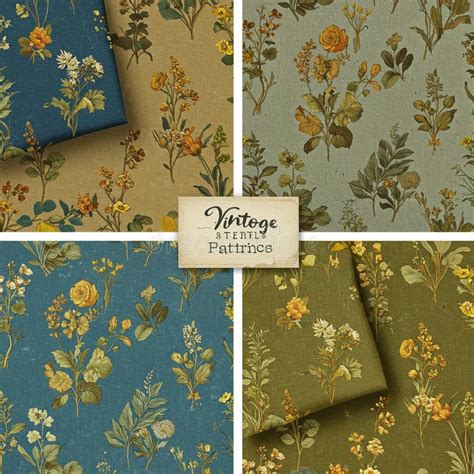 Four Fabric Patterns Featuring Vintage Floral Designs Stock