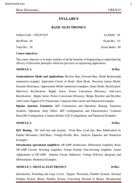 Basic Electronics Course Syllabus 15eln15 Pdf Pn Junction