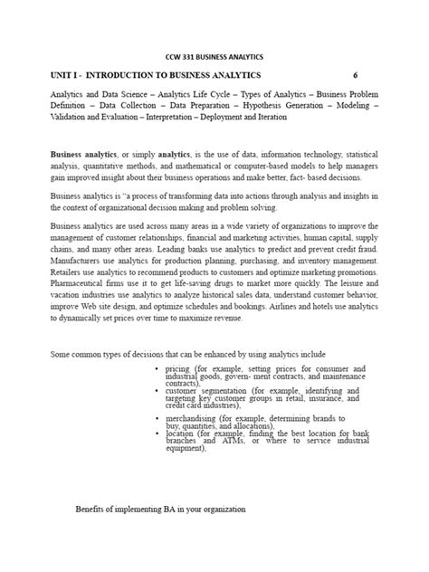 Business Analytics Notes Unit I Pdf Analytics Cross Validation Statistics