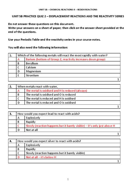 Unit 5b Practice Quiz Ii Displacement Reactions And The Reactivity
