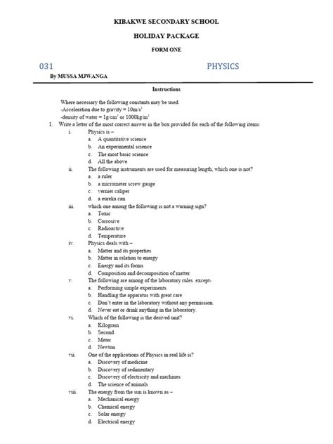 Physics Form One Pdf Weight Force