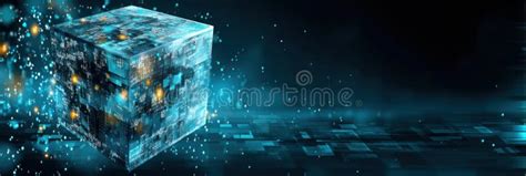 floating cube displays rotating ai icons and digital code in a