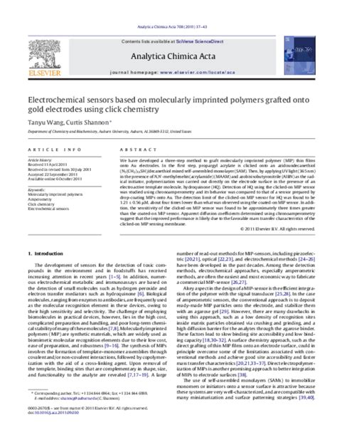 Pdf Electrochemical Sensors Based On Molecularly Imprinted Polymers