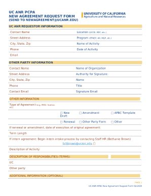 UC ANR APBC New Agreement Request 02 2020 Doc Template PdfFiller