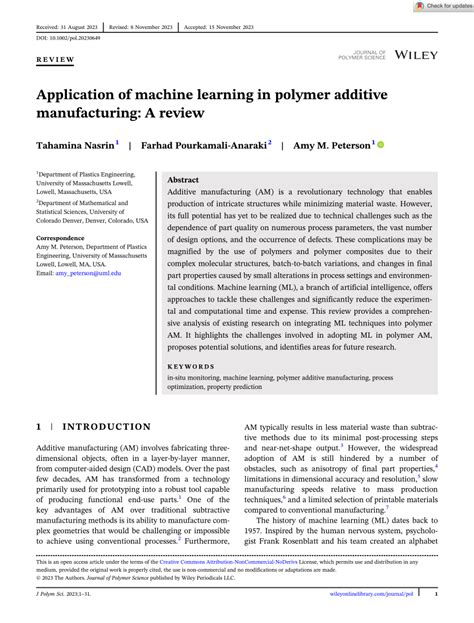 Pdf R E V I E W Application Of Machine Learning In Polymer Additive Manufacturing A Review