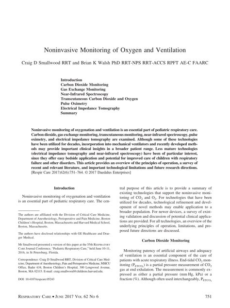 Pdf Noninvasive Monitoring Of Oxygen And Ventilation