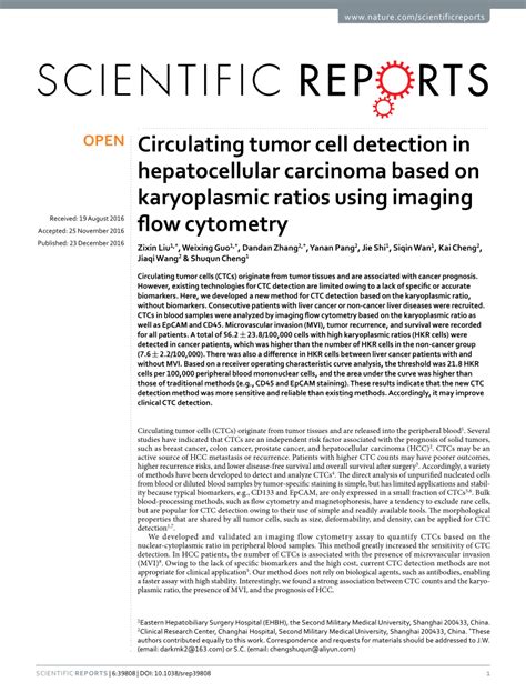 Pdf Circulating Tumor Cell Detection In Hepatocellular Carcinoma Based On Karyoplasmic Ratios