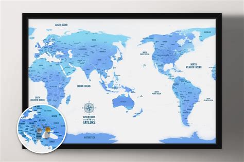 Pacific Centred Sky Blue Push Pin Map Custom Travel Art