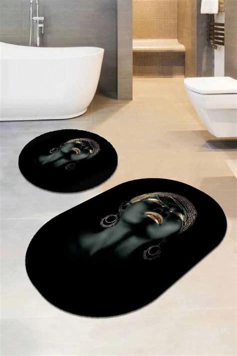 Siyah Arap Kızı Banyo Halısı Klozet Oval Paspas Seti BS