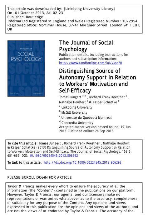 Pdf Distinguishing Source Of Autonomy Support In Relation To Workers Motivation And Self Efficacy
