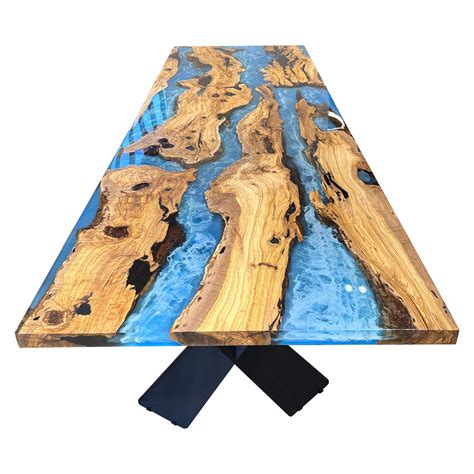 Custom Blue Ancient Olive Wood Epoxy Resin River Dining Table For Sale