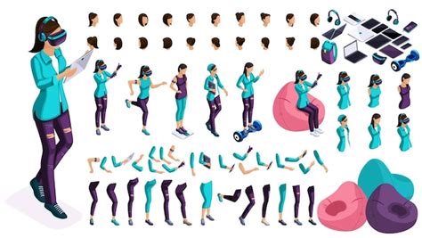 손과 발 제스처 소녀 3d 십 대의 큰 아이소메트릭 세트 캐릭터 만들기 프리미엄 벡터