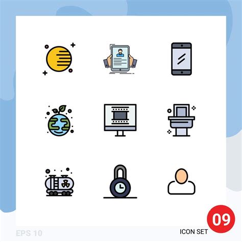 Mobile Interface Filledline Flat Color Set Of 9 Pictograms Of Photo Frame Globe Mobile Plant Eco