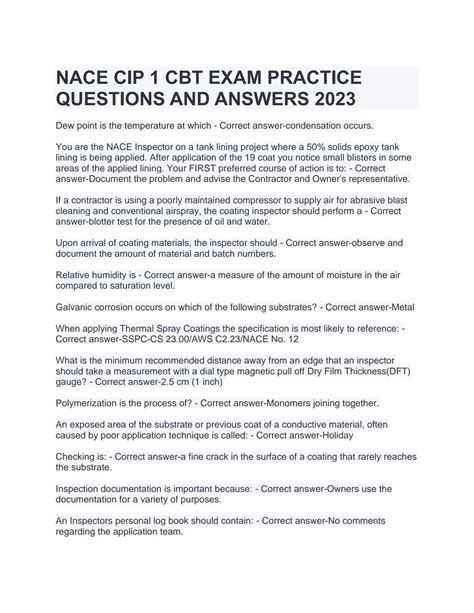 SOLUTION Nace Cip 1 Cbt Exam Practice Questions And Answers 2023