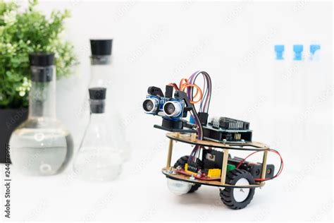 Hand Made Robot Working On The Arduino Platform White Background Free Space For Text STEM