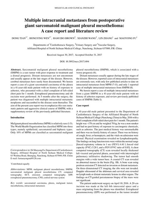 Pdf Multiple Intracranial Metastases From Postoperative Giant