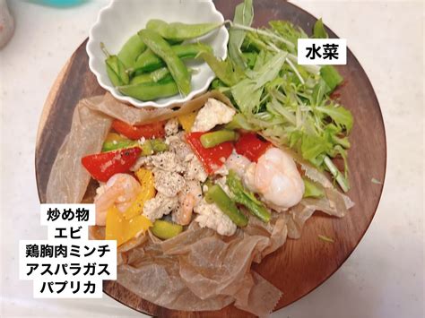 ダイエット・ボディメイク食事例（エビ、えだまめ、鶏胸肉ミンチ、アスパラガス、パプリカ、水菜）｜福岡のパーソナルジムブログ「ダイエットは明日から」