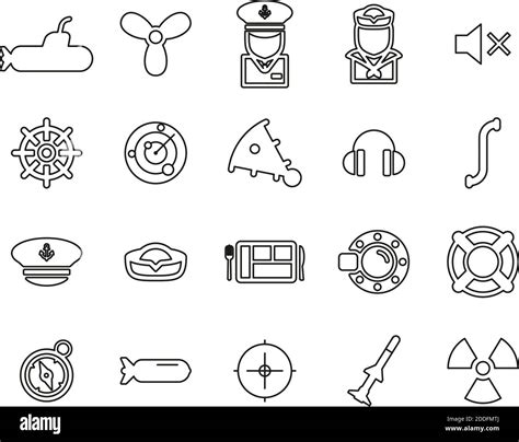 Submarine Icons Black And White Thin Line Set Big Stock Vector Image