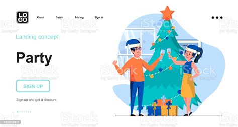 크리스마스 파티 웹 개념 함께 휴가를 축하하는 남자와 여자 집에서 즐거운 시간을 보내는 커플 사용자 장면의 템플릿입니다 웹 사이트에 대한 평면 디자인에서 캐릭터 활동이있는