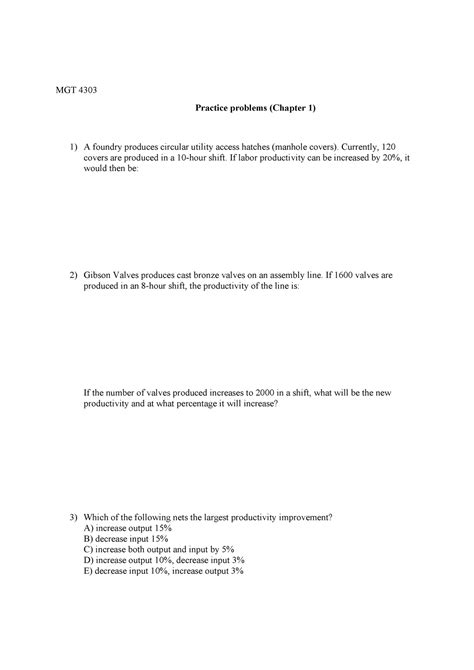 Ch01 Probs Notes Of Chapter One MGT 4303 Practice Problems Chapter