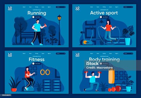 활성 스포츠 플랫 랜딩 페이지 세트 체육관에서 강도와 심장 훈련 조깅 및 리프팅 아령 장면 웹 사이트 또는 Cms 웹 페이지 개념에 대한 스톡 벡터 아트 및 기타 이미지