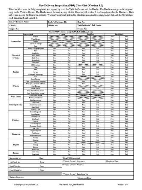 Pdi Checklist Download Free Pdf Car Body Styles Motor Vehicle