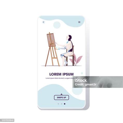 이젤 아트 창의력 인공 지능 기술 개념 스마트 폰 화면 모바일 앱 전체 길이 복사 공간 앞에 앉아 페인트 브러시와 팔레트 로봇