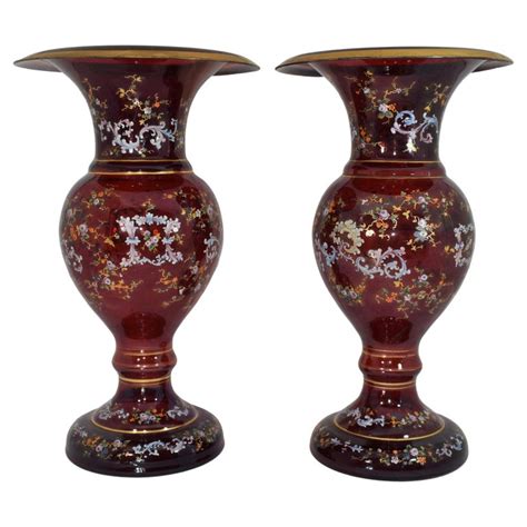 Pair Of Antique Bohemian Enamelled Ruby Red Glass Vases 19th Century