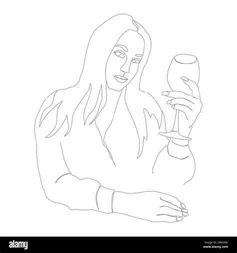 Abstract Portrait Of A Woman With A Glass In A Linear Style