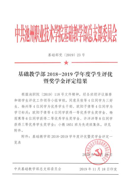 基础教学部18 19学年度学习评优暨奖学金评定结果 信息中心 池州职业技术学院基础教学部