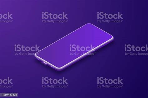 상상의 스마트 폰 원근에서 벡터 3d 휴대 전화 트렌디한 보라색 그라데이션이 있는 디지털 레이아웃 휴대전화에 대한 스톡 벡터