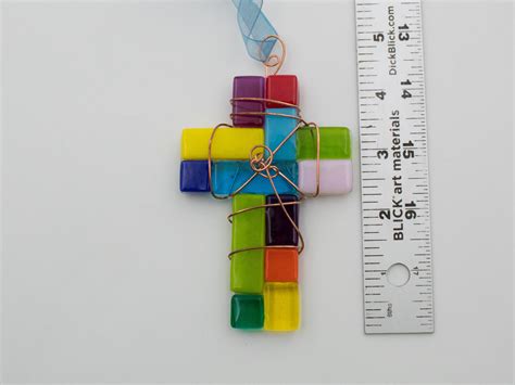 Colorful Fused Glass Cross In A Rainbow Of Colors Wrapped In Copper