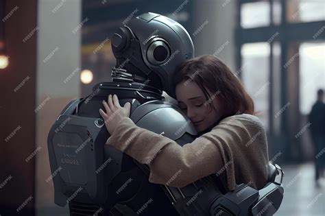 Premium Ai Image A Girl Hugging A Robot