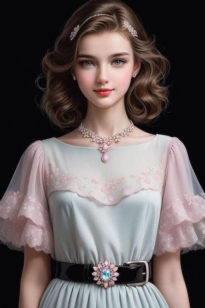 A Pretty European Girl In Pastel Clothes On Black Background In Cartoon