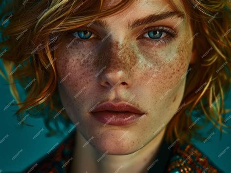 Woman With Freckles And Blue Eyes Premium Ai Generated Image