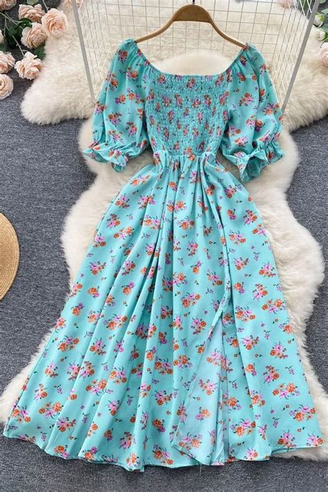 Women Dress Fashion Romantic Floral Print Split Long Dress Long