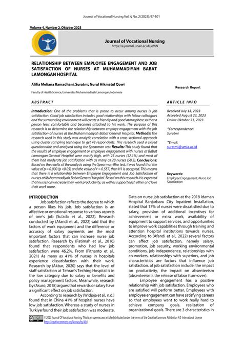 Pdf Relationship Between Employee Engagement And Job Satisfaction Of Nurses At Muhammadiyah