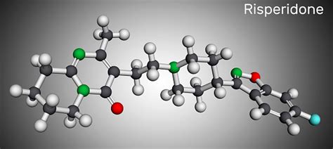 리스페리돈 분자 그것은 정신 분열증 양극성 매니아 정신병 우울증의 치료에 사용되는 항 정신병 약물입니다 분자 모델 3d 렌더링 3차원 형태에 대한 스톡 벡터 아트 및 기타