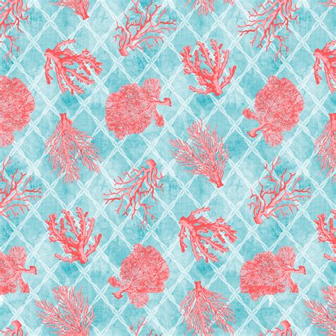 Sea Life Lattice On Aqua And Coral Fabric By The Yard