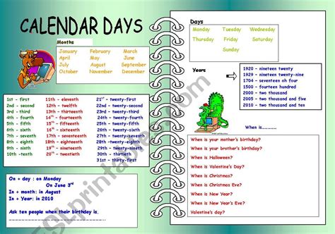 Dates And Calendar Days Esl Worksheet By Giovanni