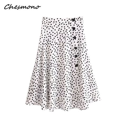 Basic Polka Dot Pattern Midi Skirt Buttons Split High Waist Side Zipper