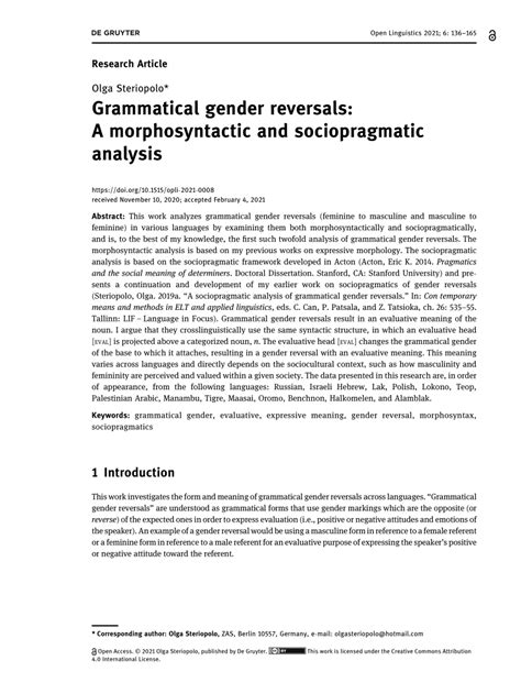 Pdf Grammatical Gender Reversals A Morphosyntactic And Sociopragmatic Analysis