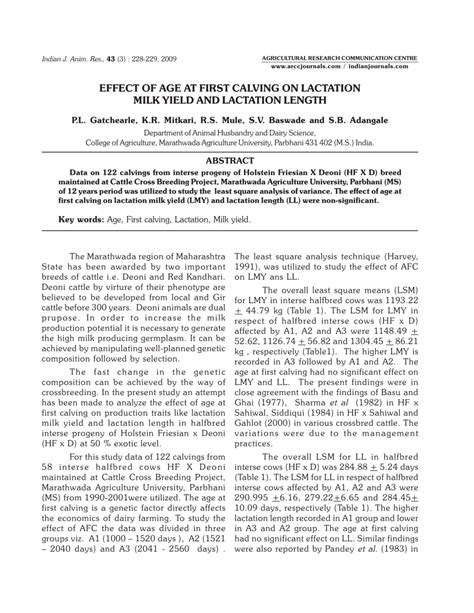 Pdf Effect Of Age At First Calving On Lactation Milk Yield And Lactation Length
