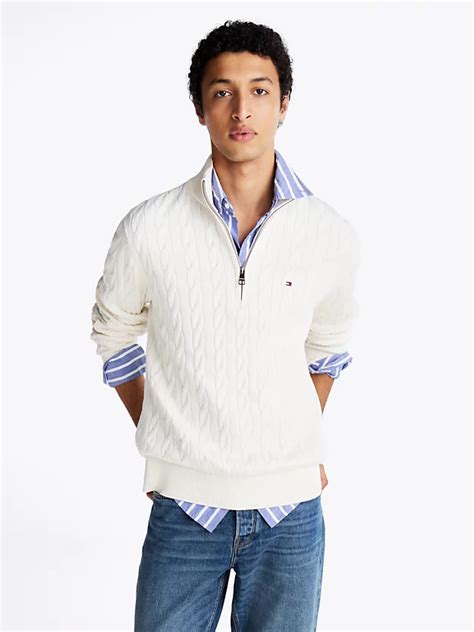 Kabelgebreide Trui Met Halve Rits Wit Tommy Hilfiger