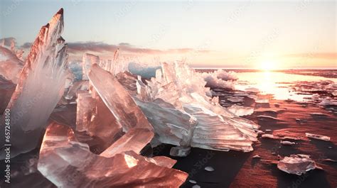 Ice Shards Line The Frozen Shoreline Of A Lake Glistening In The