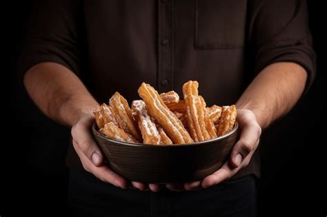 Churro Sticks In Hand Churros Pastry Fried Spanish Dessert Churro Sticks Closeup Copy Space