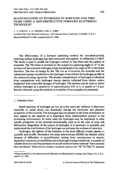 Pdf Quantification Of Hydrogen In Surfaces And Thin Films Using A Non Destructive Forward