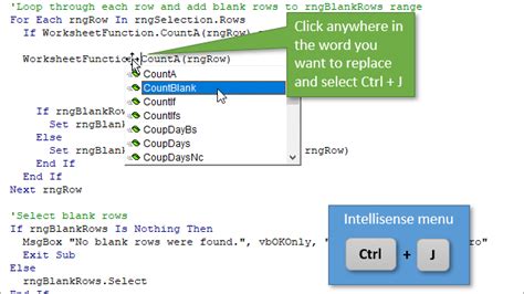 Keyboard Shortcuts For The Vba Intellisense Drop Down Menu Excel Campus