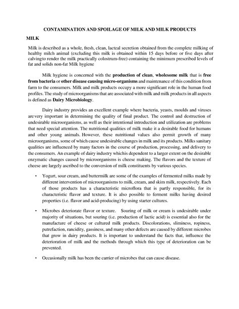 Contamination Of Milk It Is Notes Given By Vani Malai CONTAMINATION AND SPOILAGE OF MILK AND